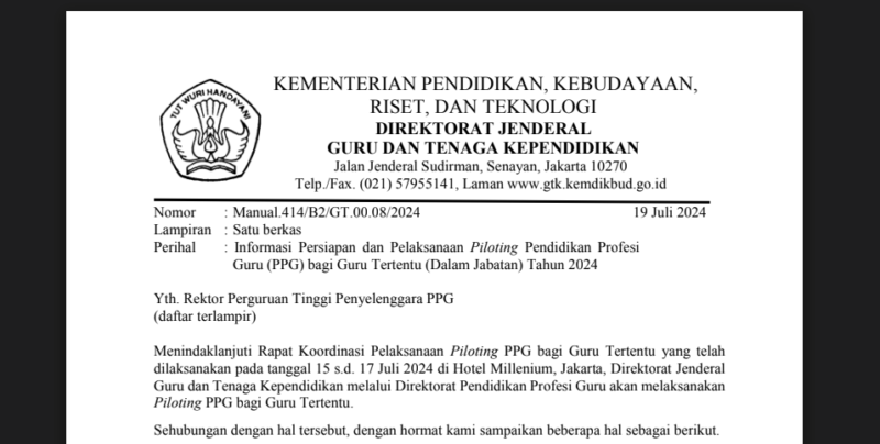 Download Surat Edaran Pelaksanaan Piloting PPG Guru Tertentu (PPG ... Download Surat Edaran Pelaksanaan Piloting PPG Guru Tertentu (PPG ...